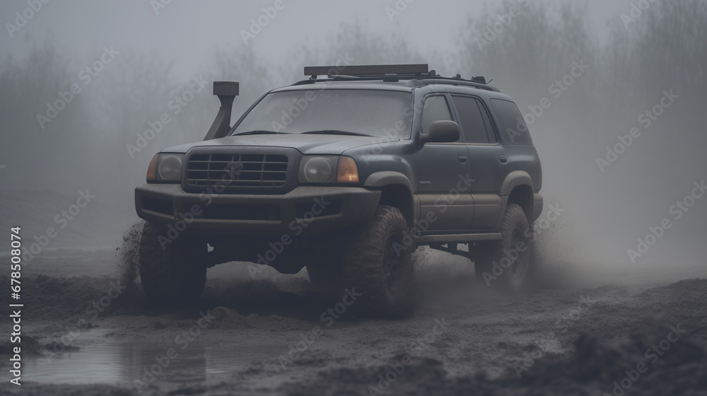 A 4x4 tire aggressively splashes through a muddy gravel patch, captured ...