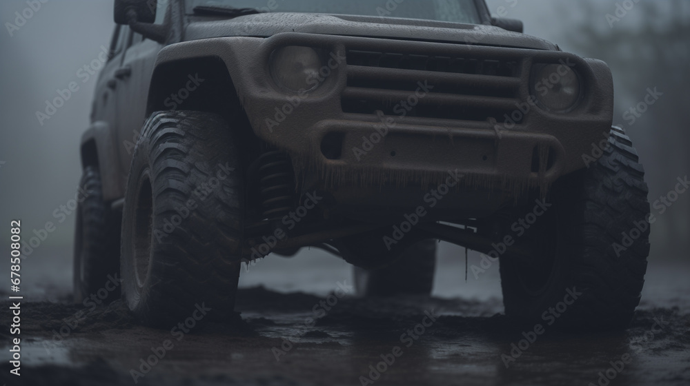 A 4x4 tire aggressively splashes through a muddy gravel patch, captured ...