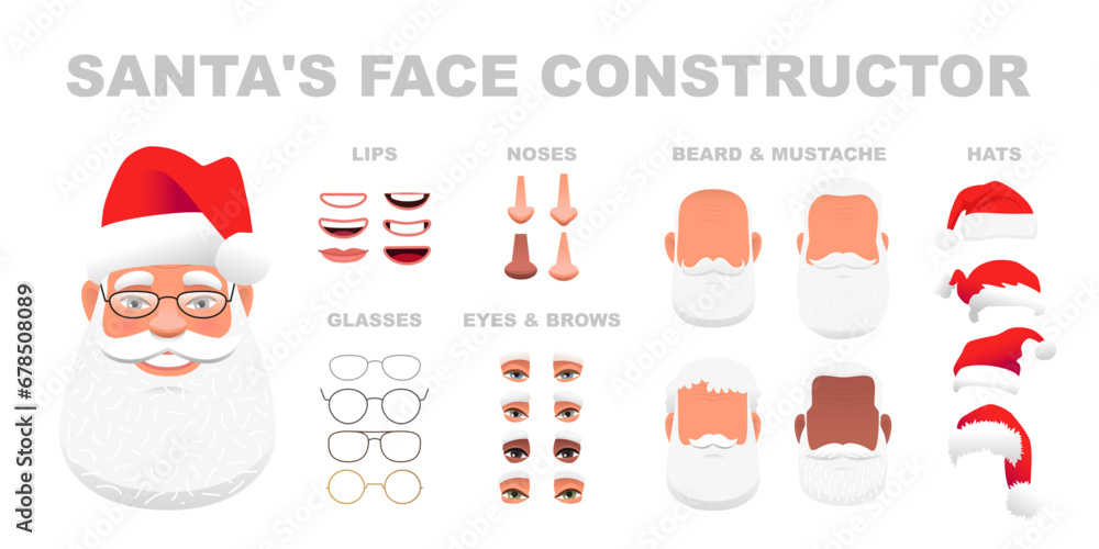 Santa Claus face constructor. Set of eyes, noses, eyebrows, lips ...