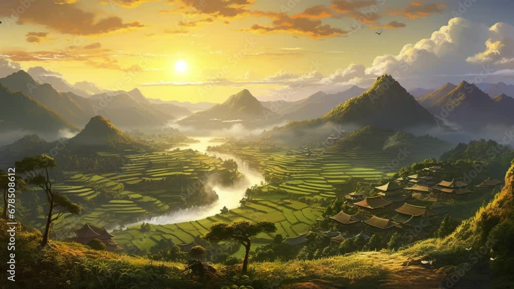 Golden Rice Terraces Overlooking a Remote Village Landscape. Seamless ...