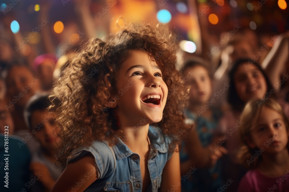 charming girl child singing emotionally at a concert in front of a ...