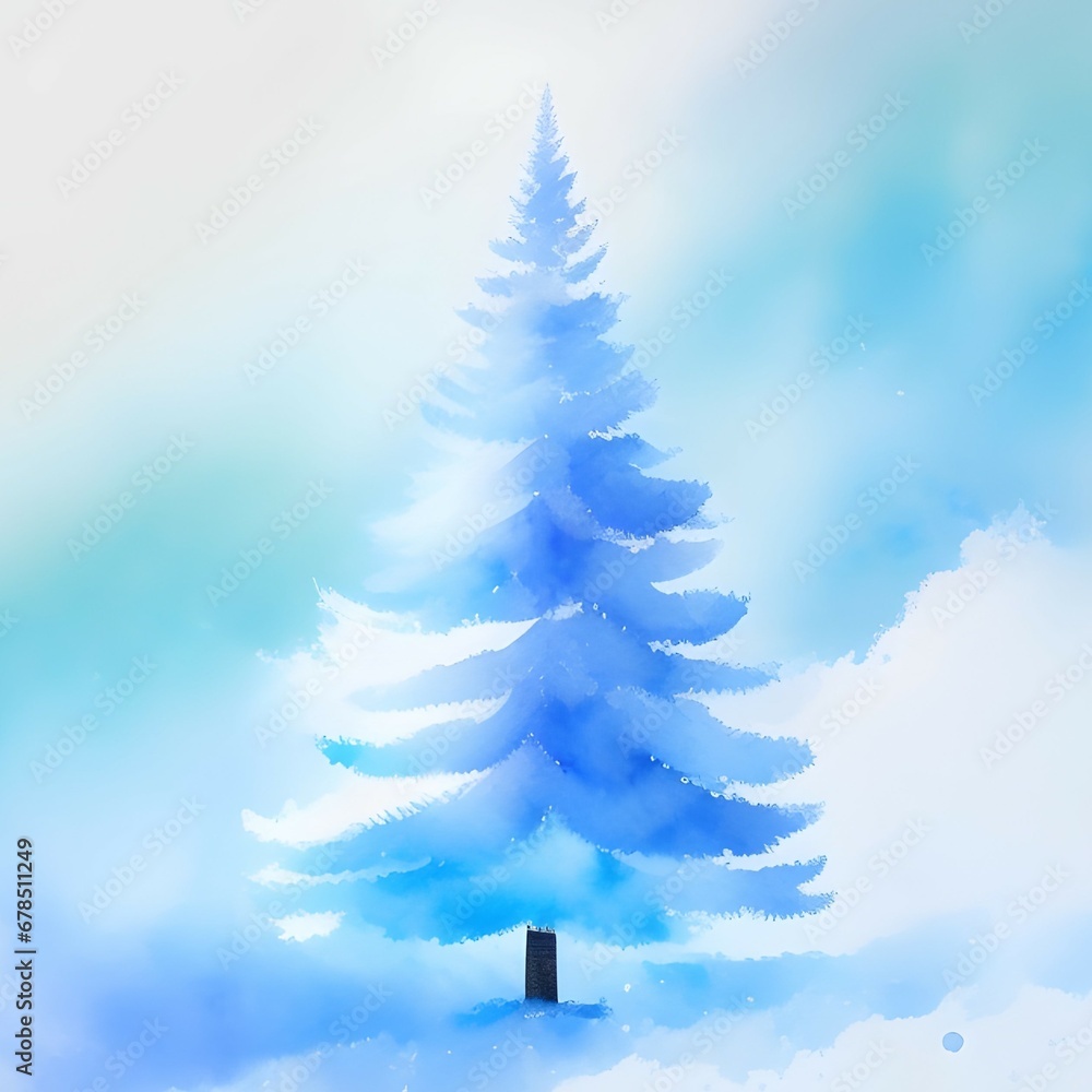 Watercolor Blue Pine Tree for Christmas and New Year Illustration. Snow ...