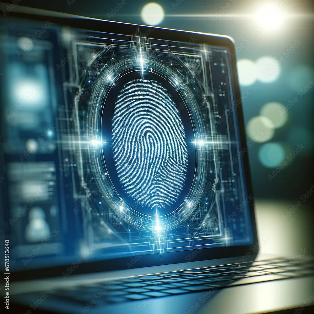 Pantalla de ordenador mostrando una huella digital detallada sobre un fondo difuminado ...