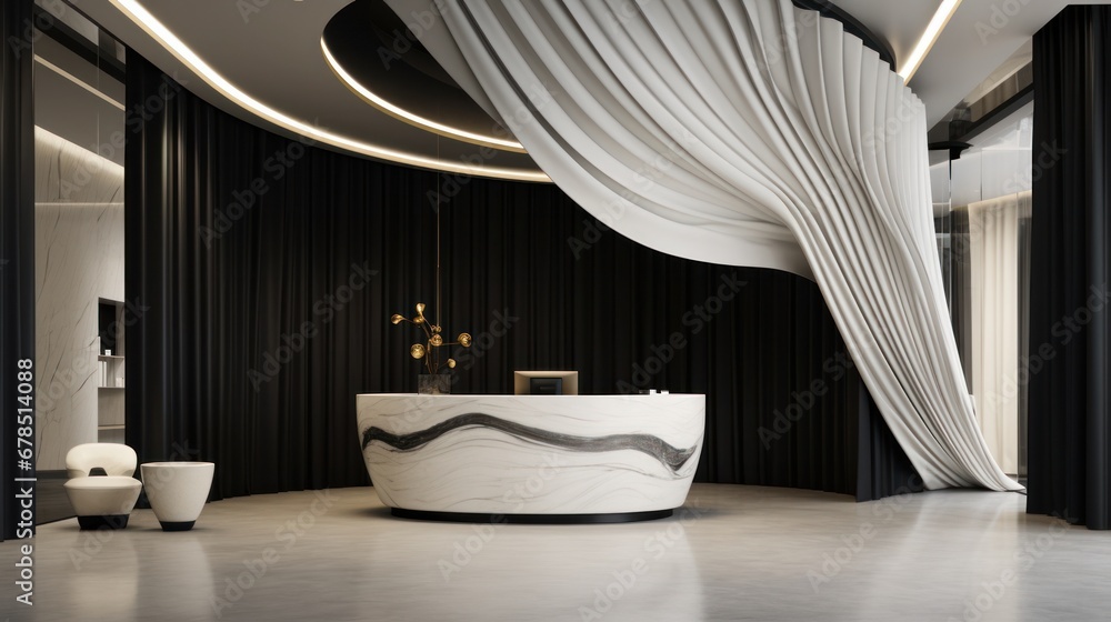 Contemporary interior area with a black marble reception desk, walls ...