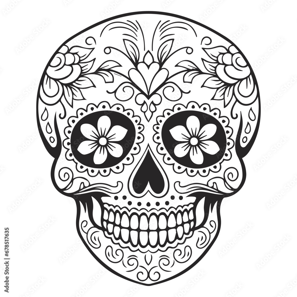 Patterned skull drawing, black and white print ready, editable eps ...