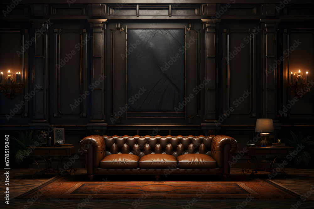 Luxury living room with leather sofa and black furniture in a dark room ...