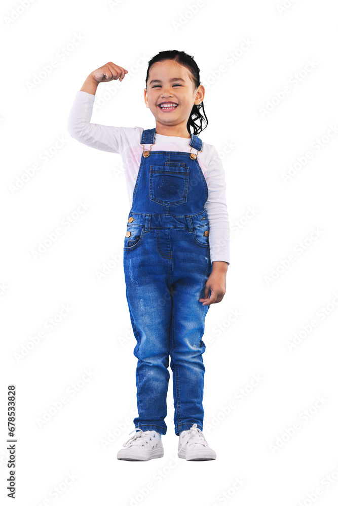 Arm flex, girl child and happy for winner, champion and emoji with ...