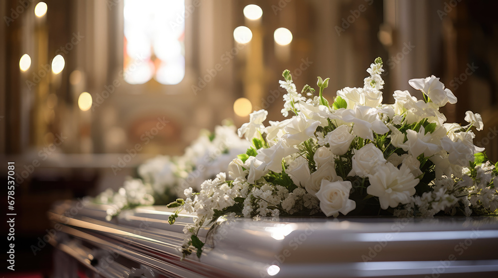 Closeup of modern Coffin in the church with fresh white flowers ...