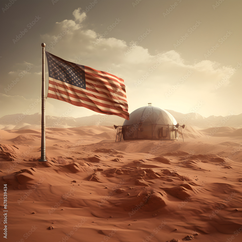 The American flag planted on the planet of Mars with a temporary base ...