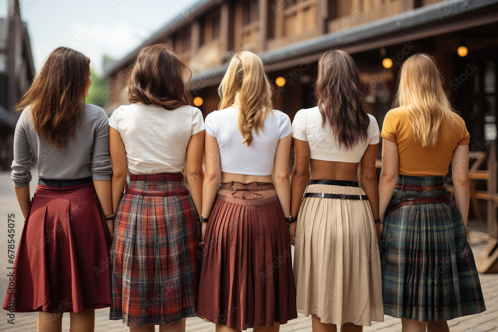 Various women in skirts pose with their backs to the camera, hugging ...