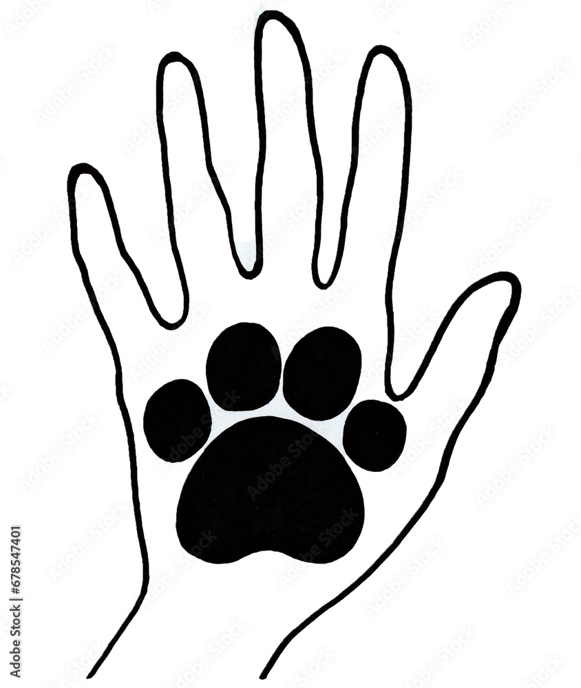 Silhouette of human palm and animal paw print isolated on white ...