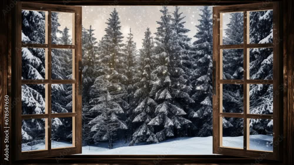 Silhouette of a wooden window overlooking the winter forest. Beautiful ...