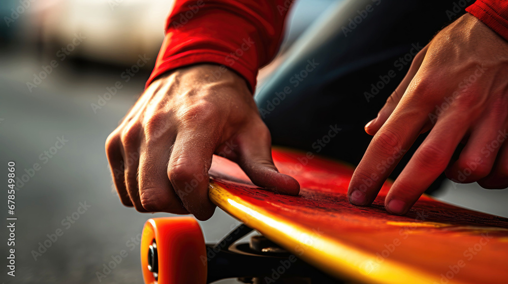 Close-up of a hand gripping a vibrant skateboard, emphasizing texture ...