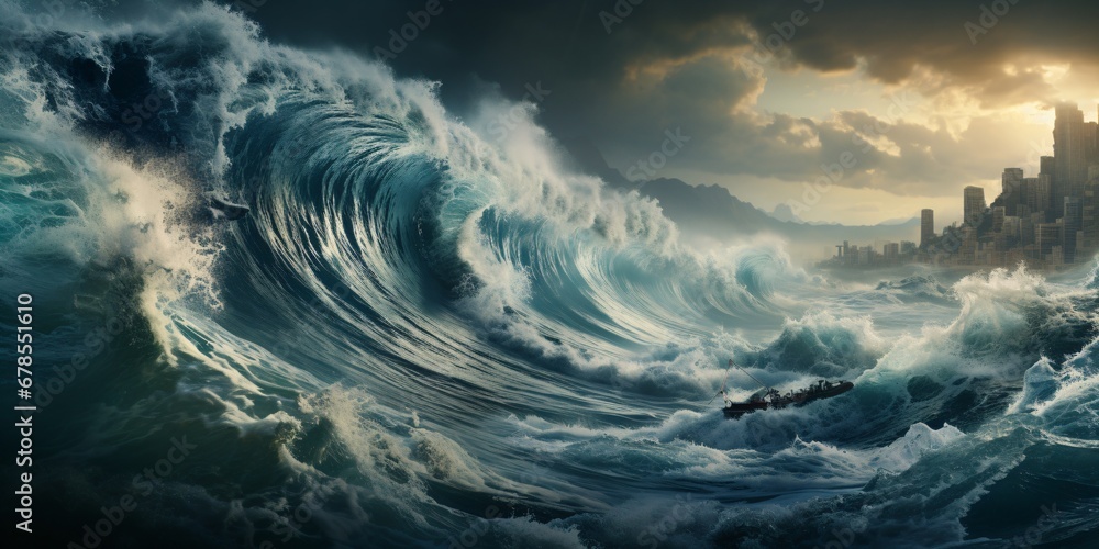 a huge storm surge with a deadly tidal wave is racing towards a large ...