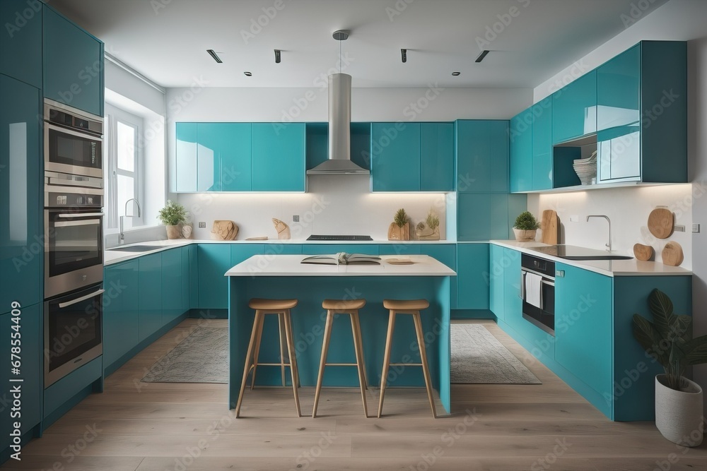 Turquoise kitchen in studio apartment. Interior design of modern living ...