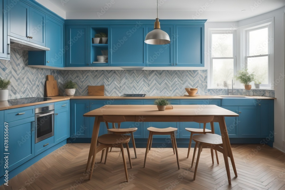 Wooden dining table against blue kitchen cabinets with wooden ...