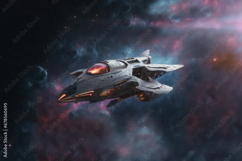 spaceship with nebulae filled with stars, plasma gas and matter and ...