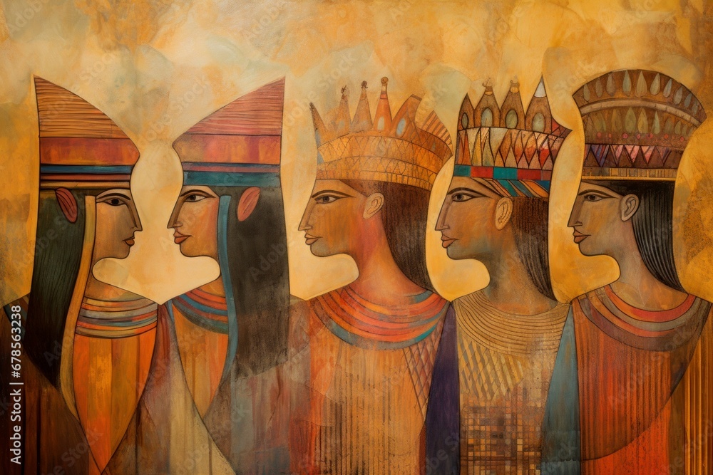 Old wall painted with Assyrian queens. Ancient historical Babylonian ...