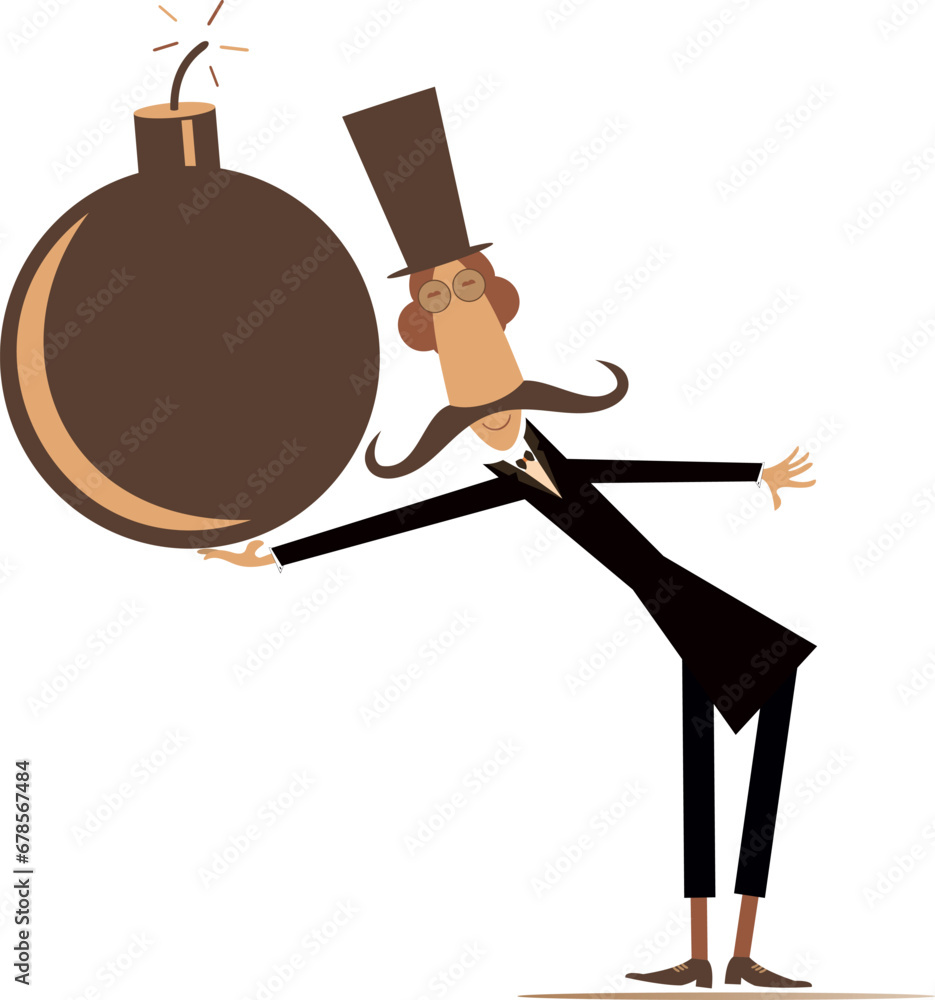 Cartoon man in the top hat holding a bomb. Bomb, fuse, wick, spark ...