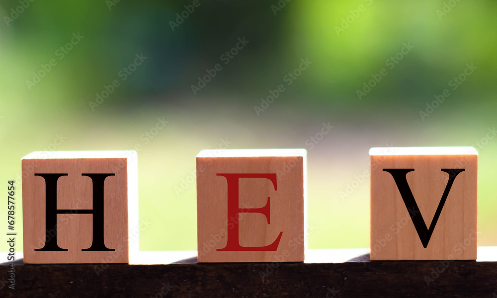 HEV made by wooden dice letters and color crossing for the related ...