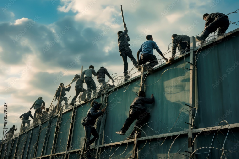 Migrants climb over border fence. Crossing wire danger accident prison ...