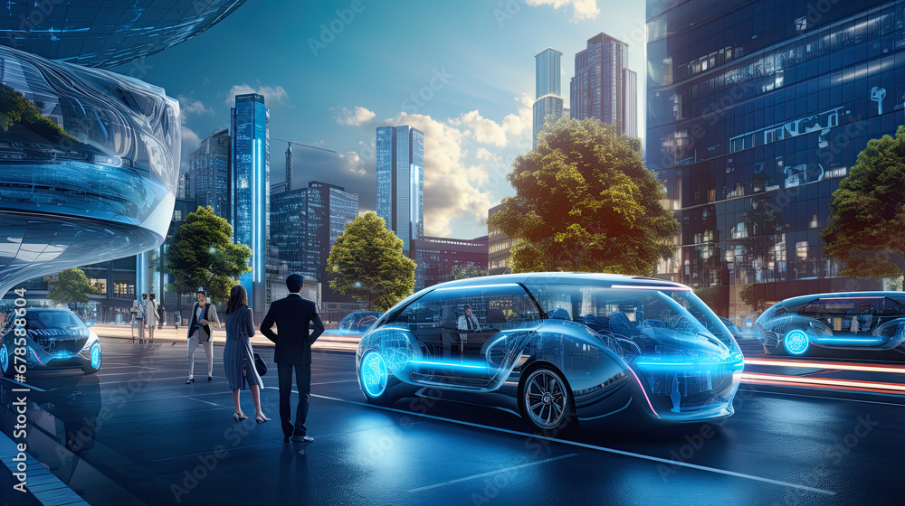 Photo & Art Print AI-driven electric autonomous vehicles navigating a ...