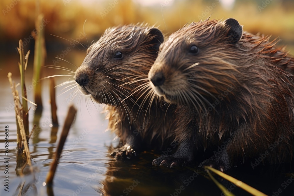 A picture of a couple of beavers sitting on top of a body of water ...