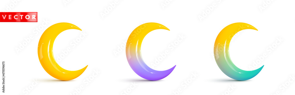 Set of glossy yellow 3d crescents realistic style rendering. Yellow ...