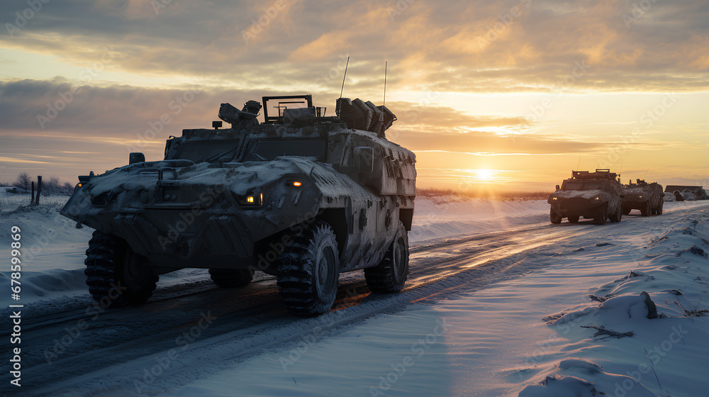 armored vehicle convoy, glowing citadel, setting sun, snow trails, post ...
