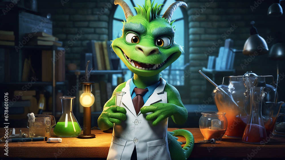 Cute green oriental dragon scientist in science lab Stock Illustration ...
