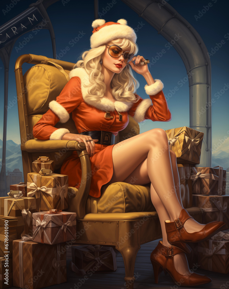 Lady Claus pin UP gorgeous sitting on a chair christmas pin UP, ai ...