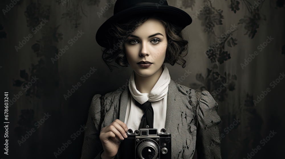 young beautiful female photographer with a 1920s style vintage ...
