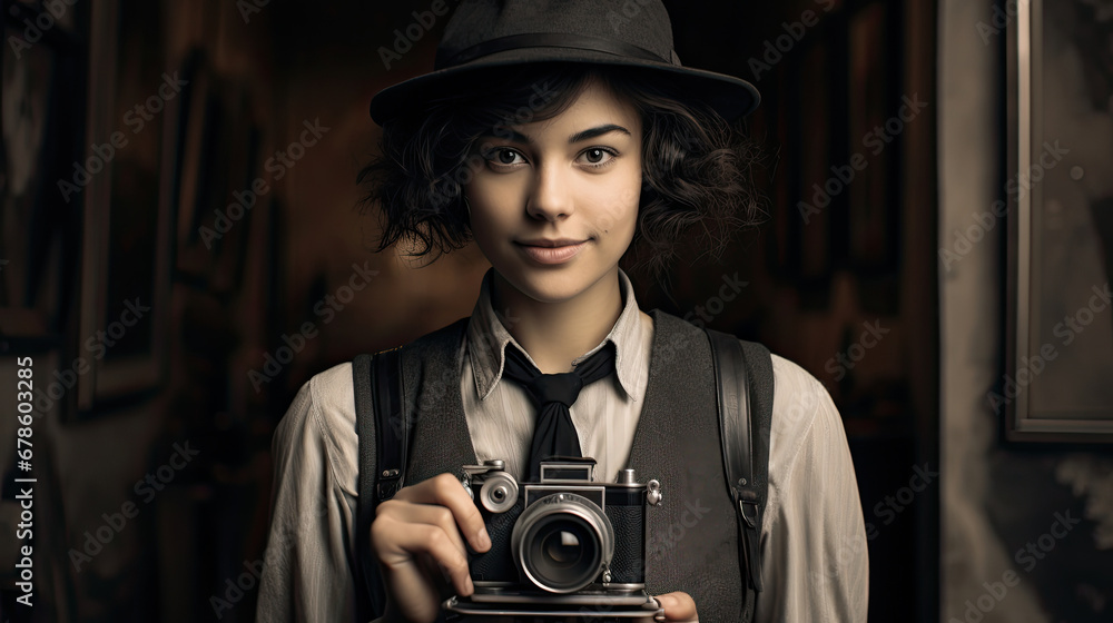 young beautiful female photographer with a 1920s style vintage ...
