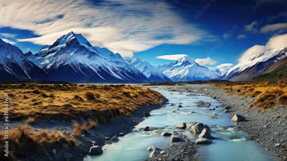 beautiful views of Aoraki glacier Mountain Cook landscape with river ...