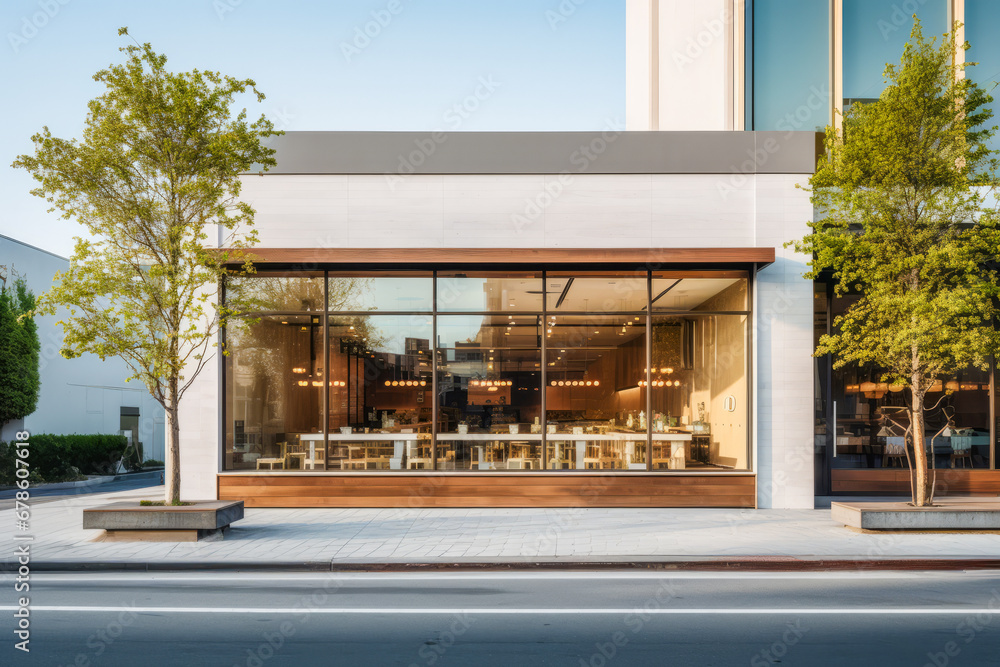 Bakery exterior facade storefront with large glass windows, urban ...