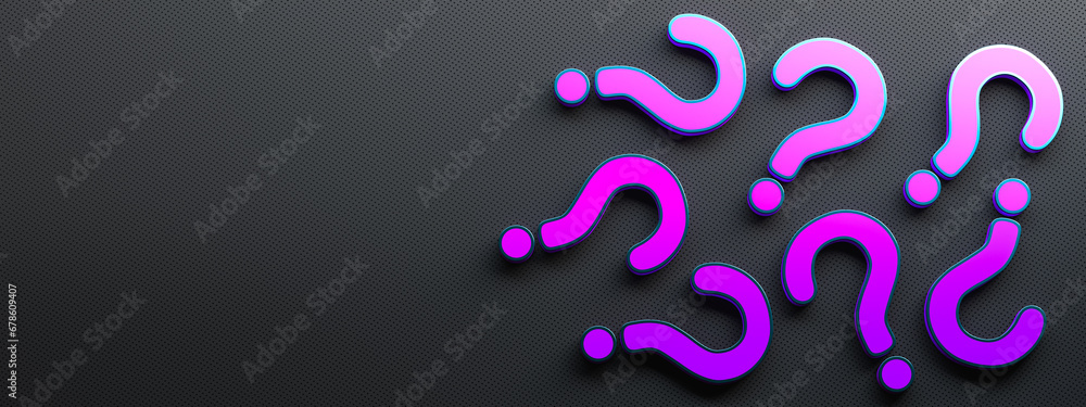 Purple question mark on black background with empty copy space on left ...
