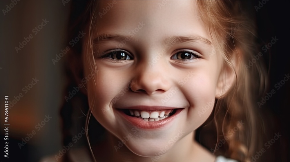 Toothless child. Cute little girl smiles broadly. The first milk tooth ...