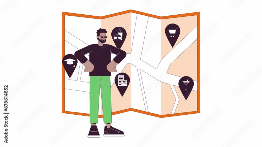 New neighborhood map exploration line 2D animation. African american ...