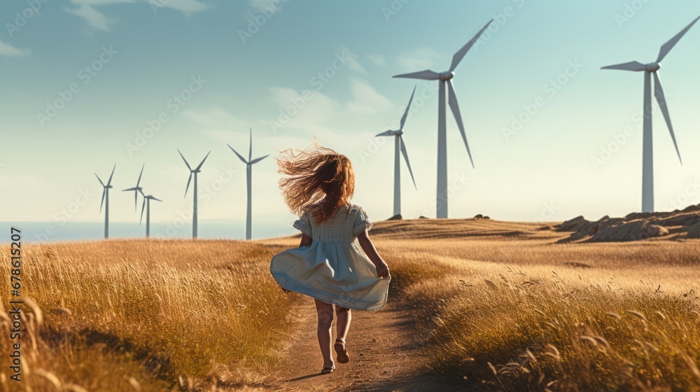 Renewable energy concept,The back of Little Girl Red Shirt is running ...