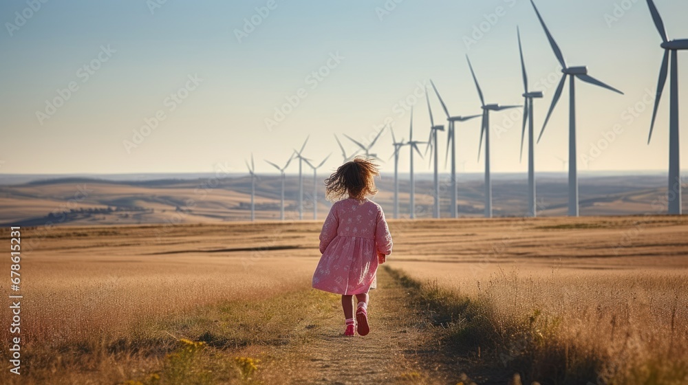 Renewable energy concept,The back of Little Girl Red Shirt is running ...