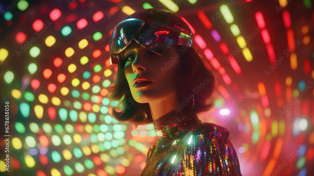 Fashion retro futuristic in surrealistic 60s-70s disco club culture ...