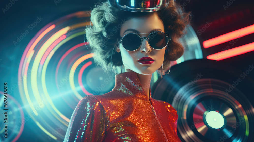 Fashion retro futuristic in surrealistic 60s-70s disco club culture ...