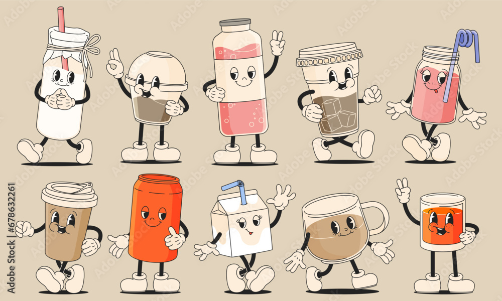 Retro cartoon drinks. Groovy 80s 90s alcohol beverage funny characters ...