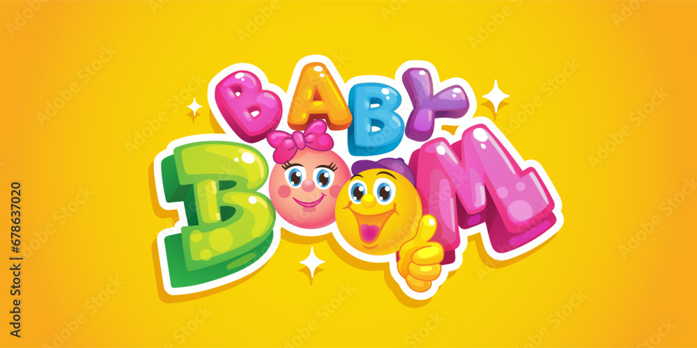 Cartoon kids illustration. Baby boom colorful inscription and smile ...