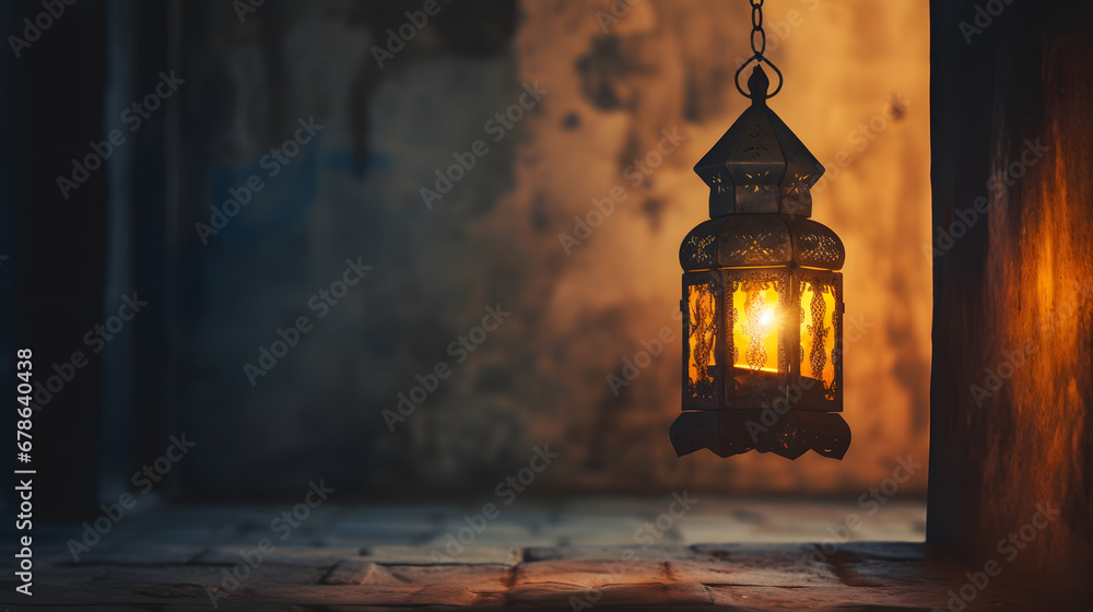 Typical Arabic oil lamp or lantern hanging on the grunge wall of old ...