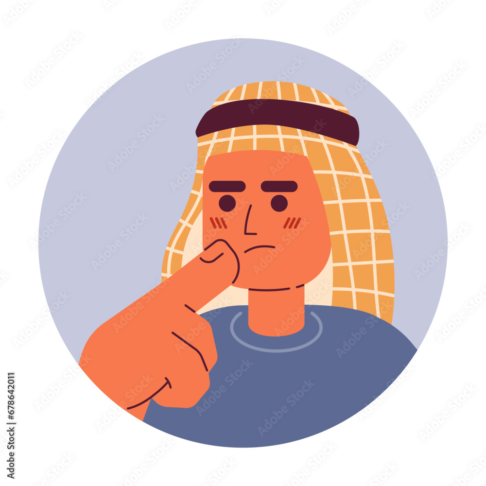 Keffiyeh arab man touching chin 2D vector avatar illustration. Head ...