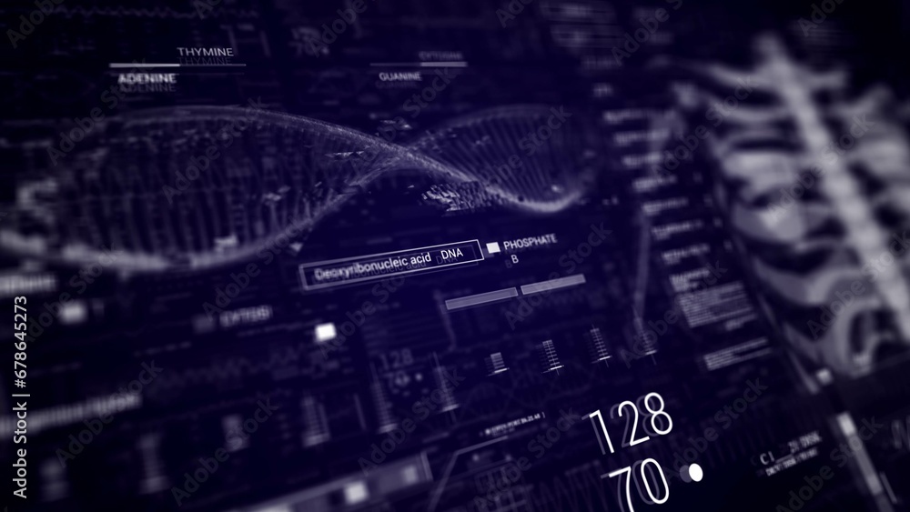 DNA.Sceleton MRI x ray Scan, 3D Model.Medical monitor.HUD.Heads up ...