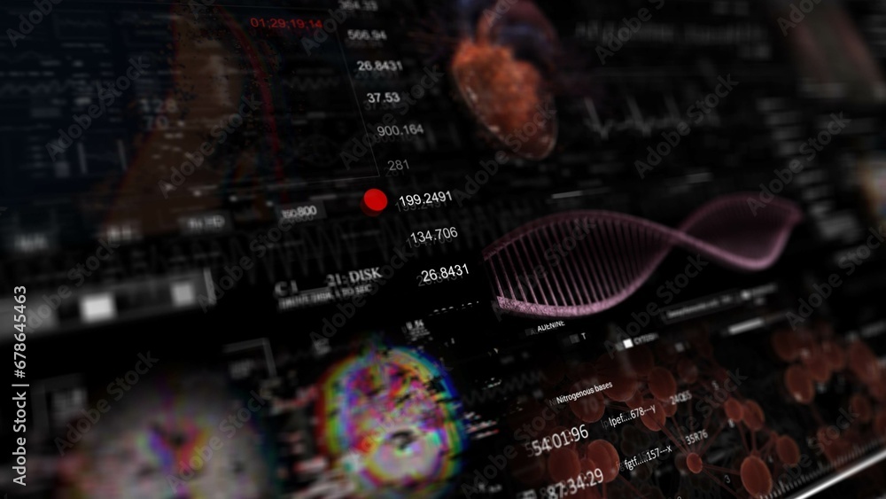 Medical monitor.HUD.DNA.Heads up display.Heart rate monitor. Analyzing ...
