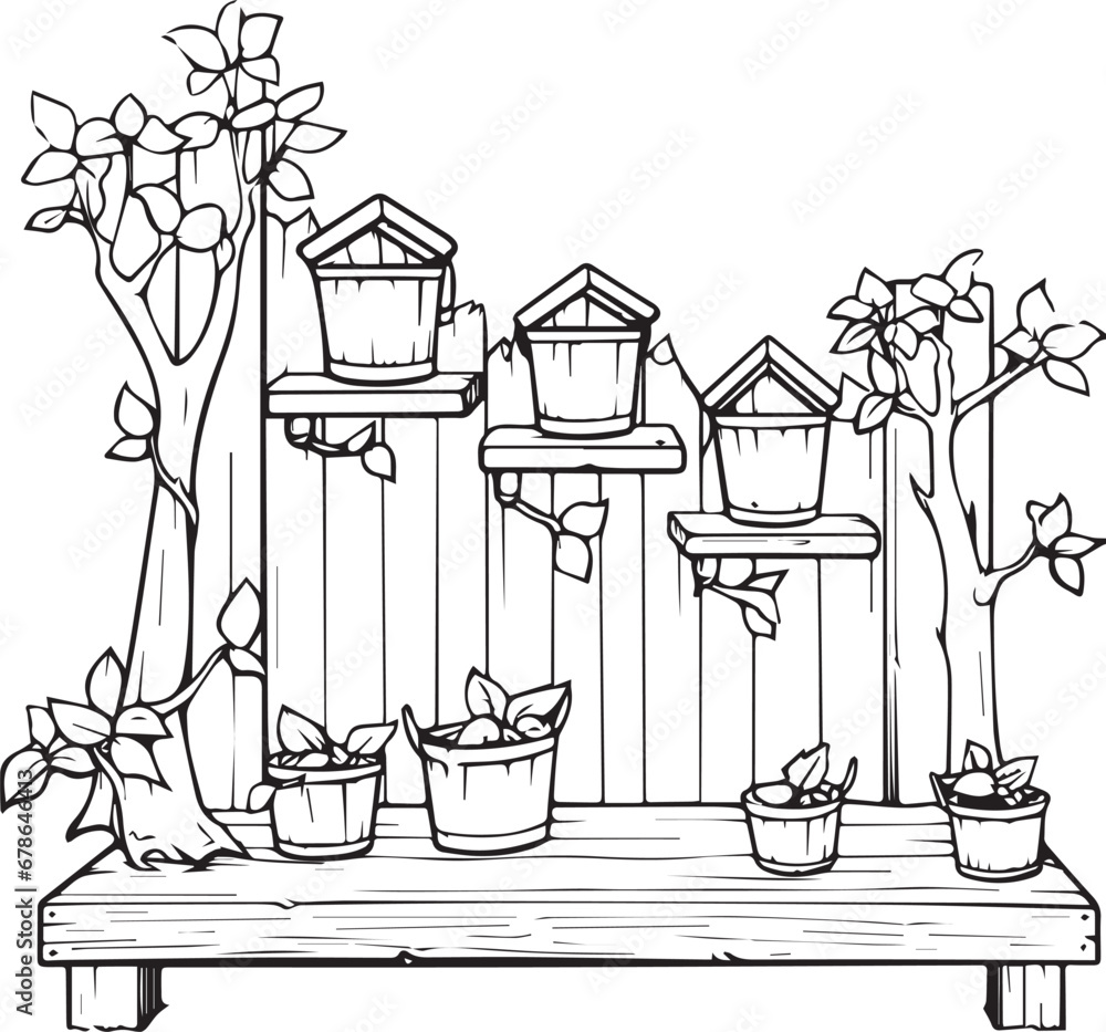 Garden plants wooden fence line art coloring page vector illustration ...