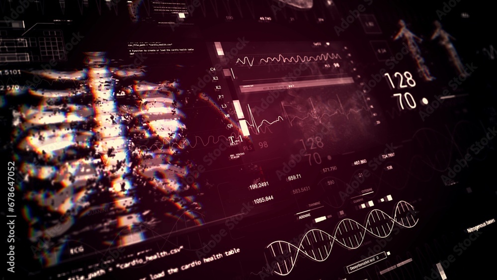 Sceleton MRI x ray Scan, 3D Model.Medical monitor.HUD.Heads up display ...